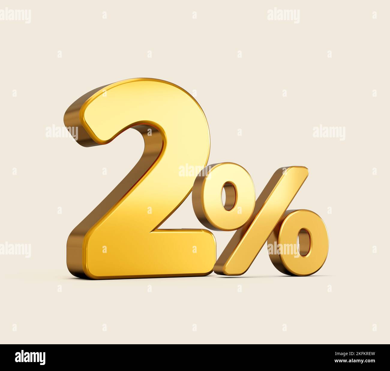 A 3D illustration of a golden two percent isolated on a beige ...