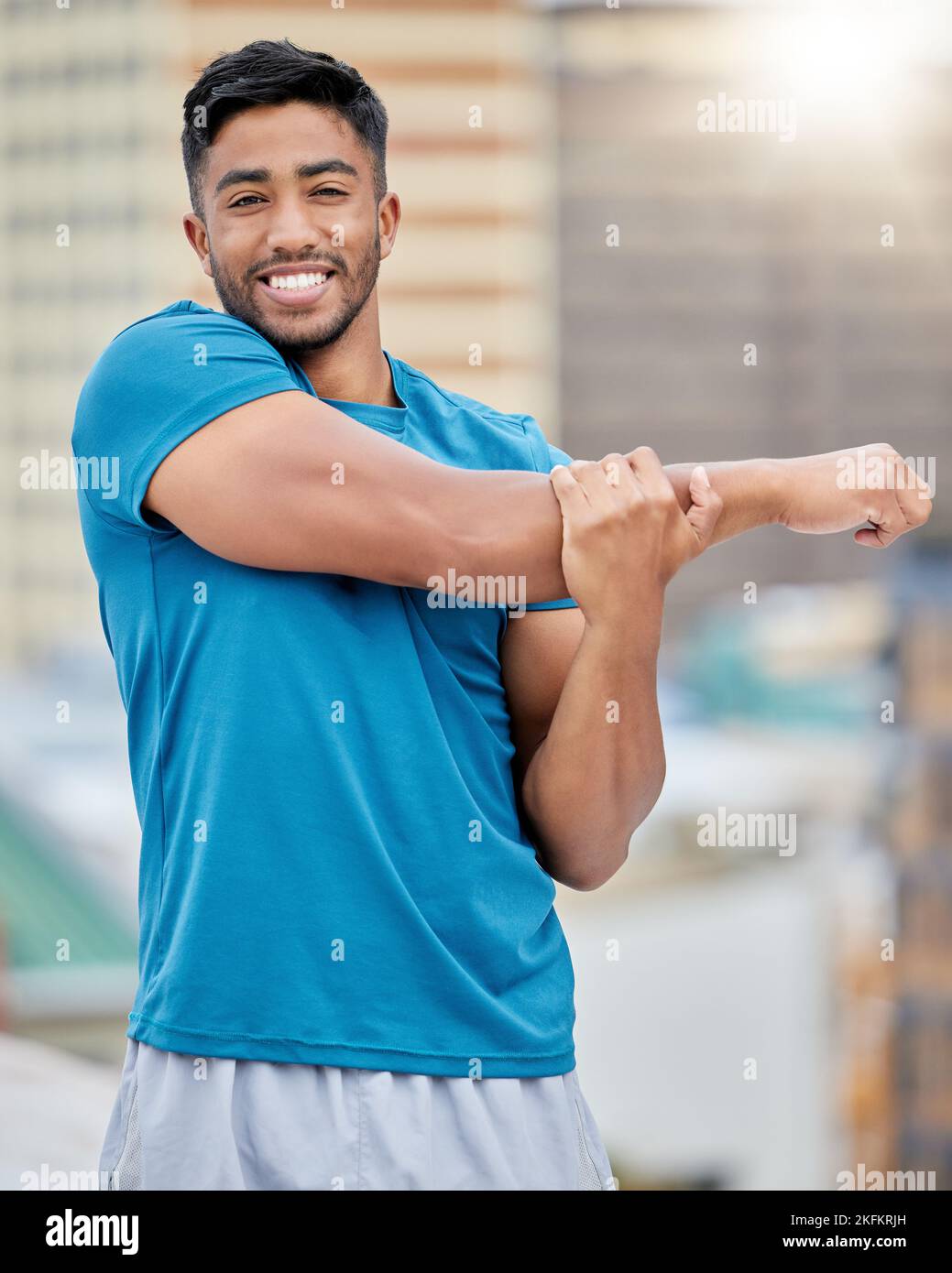 Fitness, exercise and stretching with a sports man doing a warm up ...