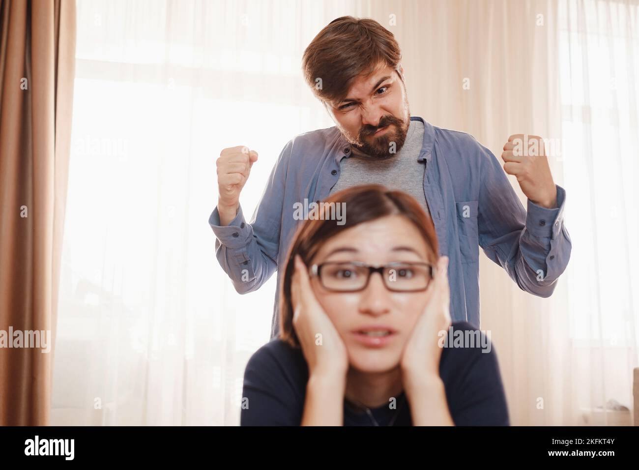 Portrait of attractive mad furious coworkers having fight crisis ...