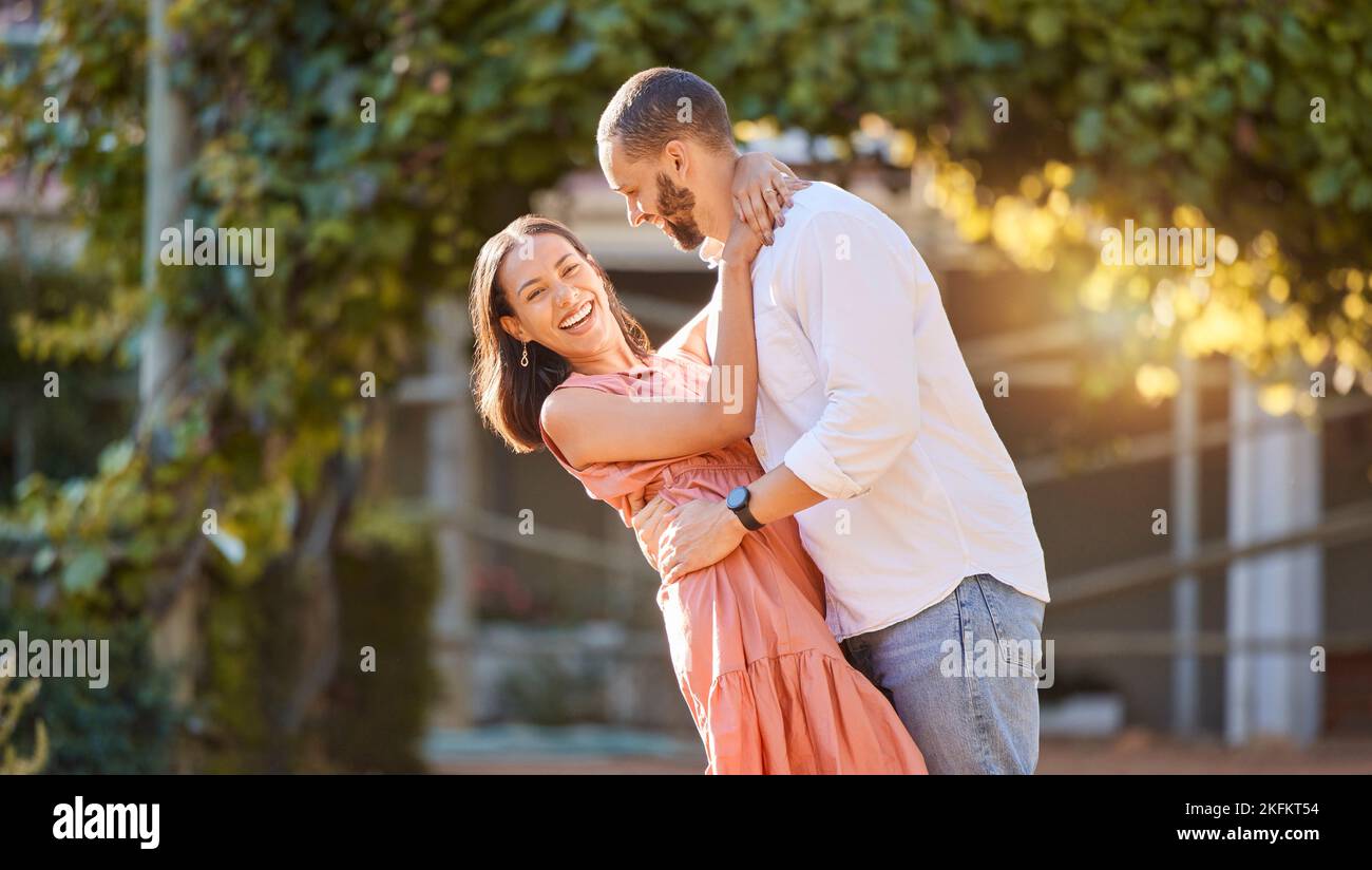 Couple, hug and love in nature park, smile and happy together with ...