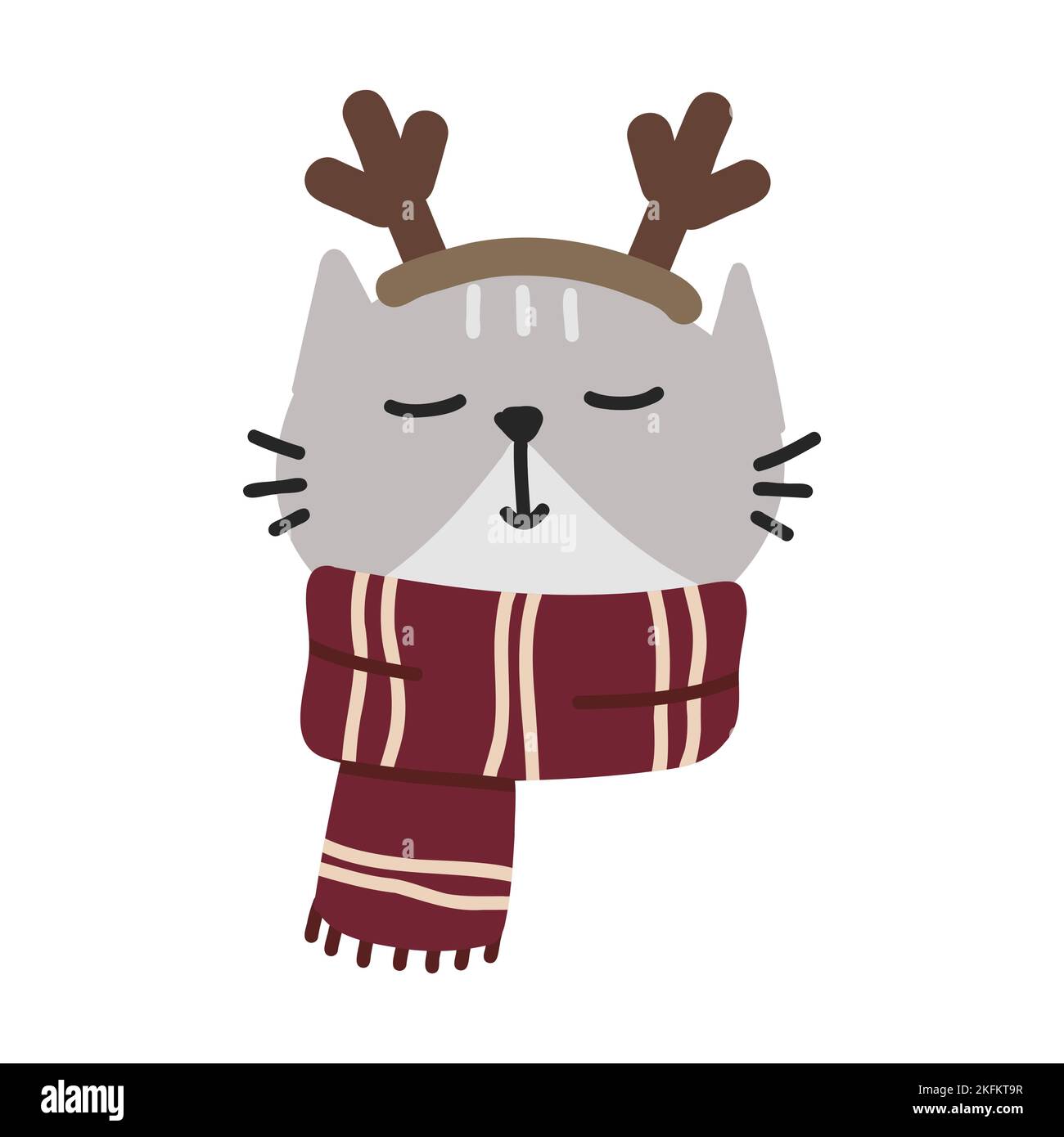 Cute Festive Cat character wearing deer antler. Hand drawn kitty in ...