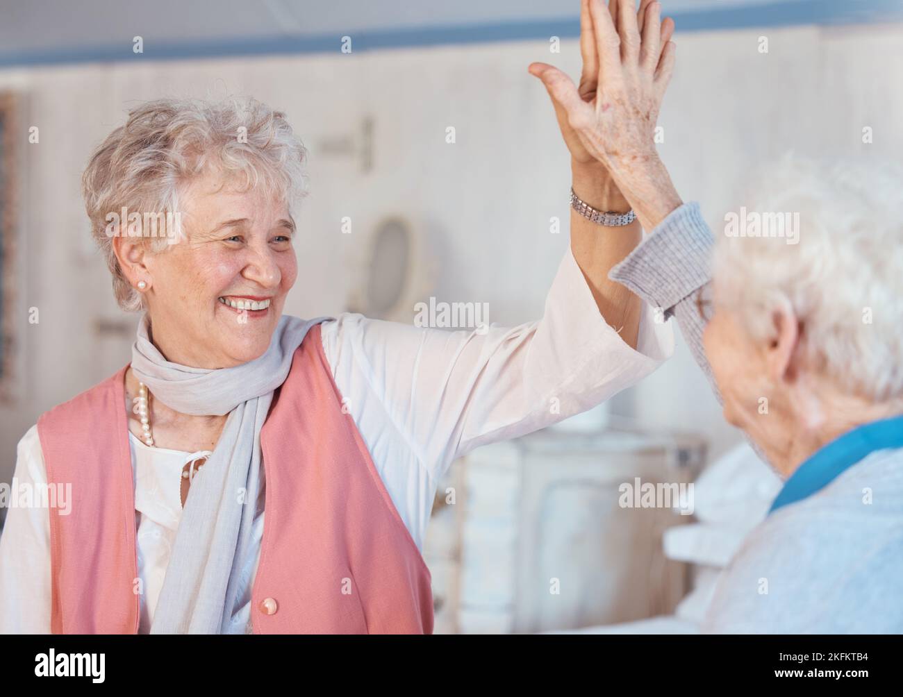 Senior women, high five and friends happy, celebration and happy ...