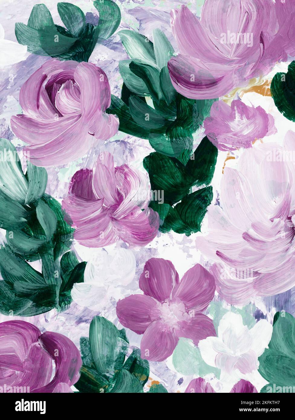 Abstract pink flowers, original hand drawn, impressionism style, color ...