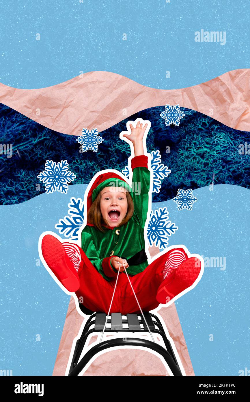 Creative photo 3d collage artwork poster postcard of little person girl ...