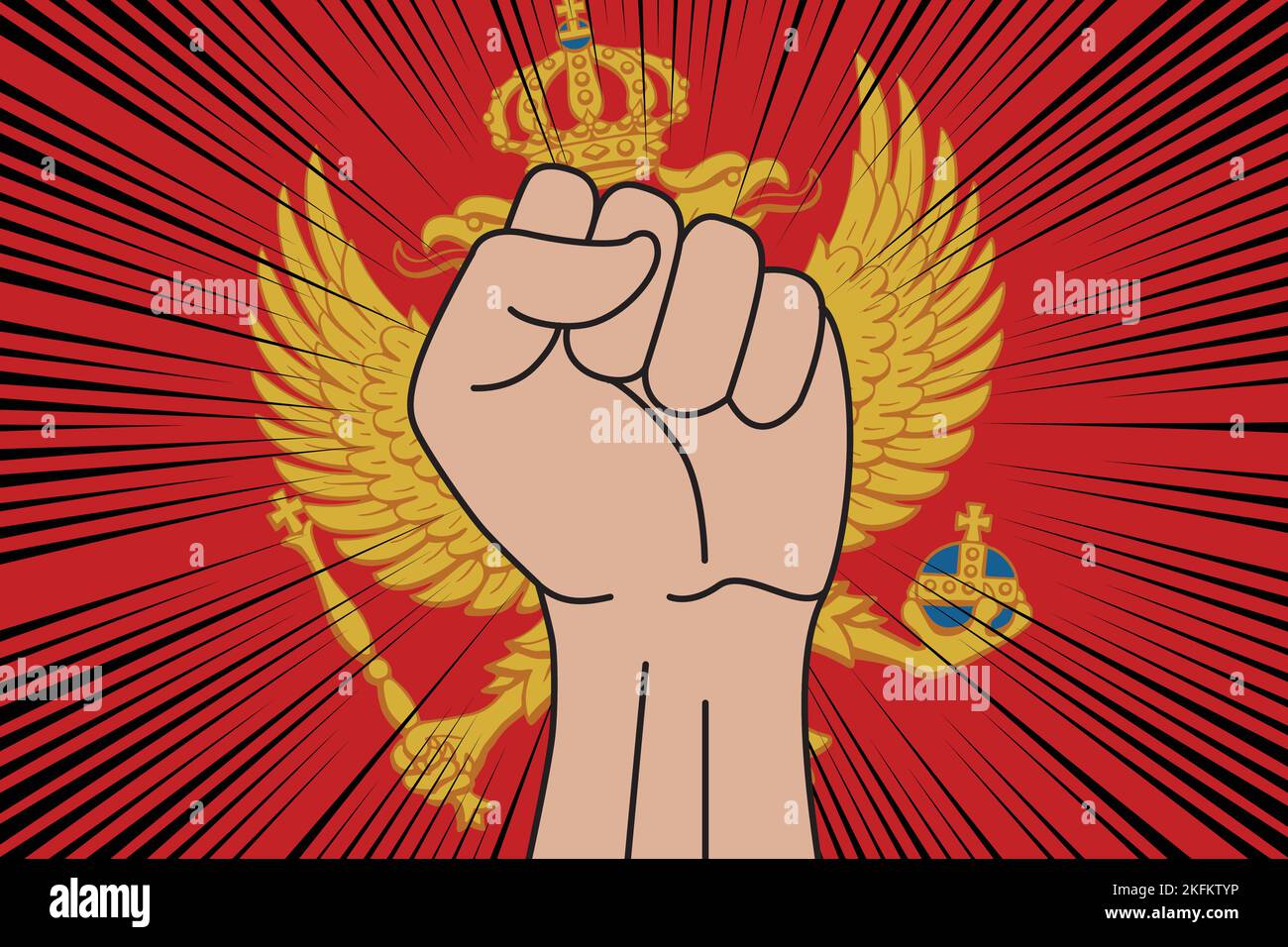 Human fist clenched symbol on flag of Montenegro background. Power and ...