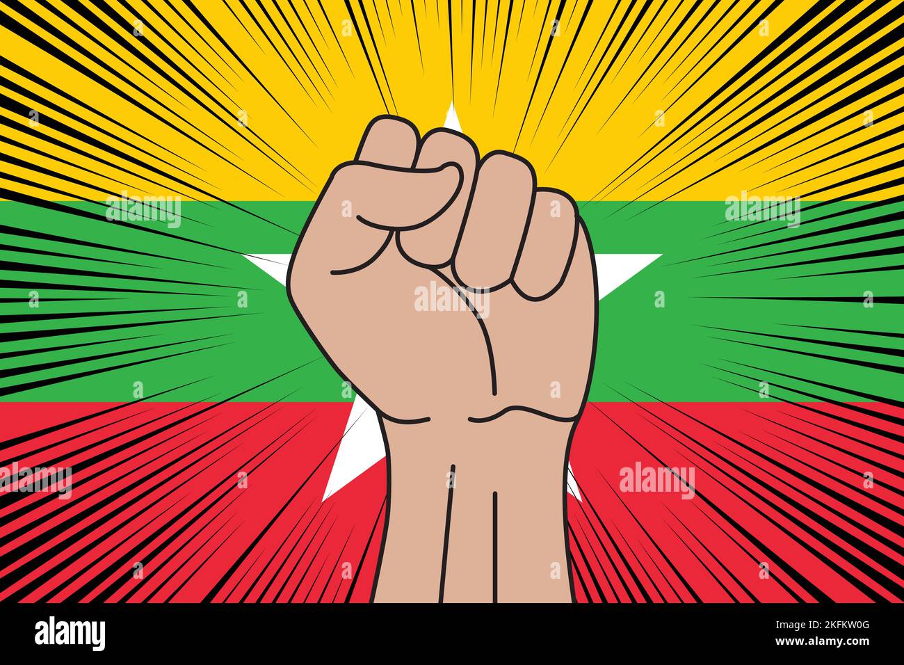 Human fist clenched symbol on flag of Myanmar background. Power and ...