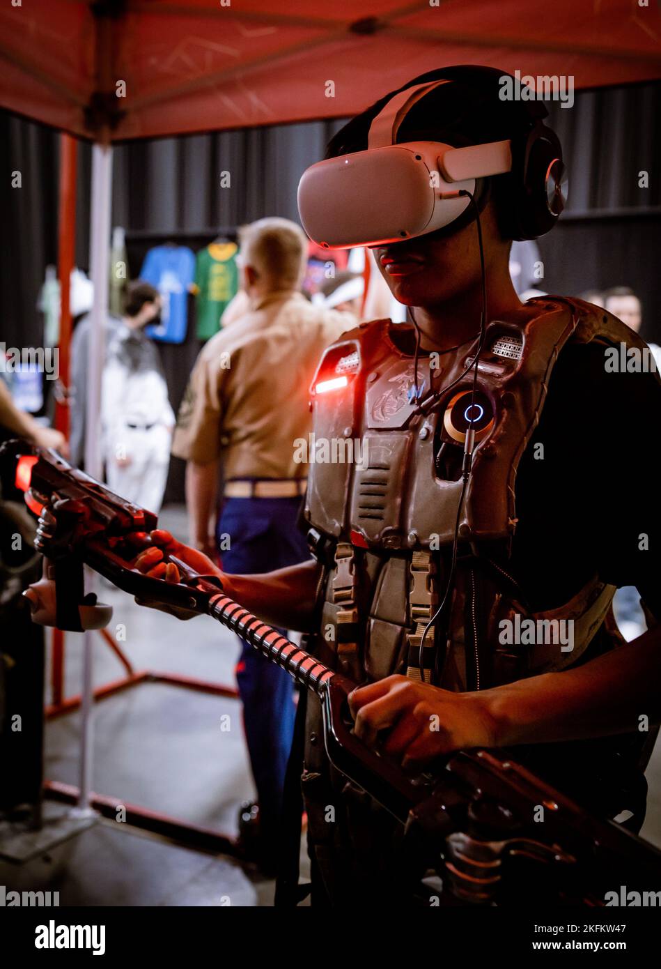 A convention attendee prepares to play "Battle Position", a Marine ...