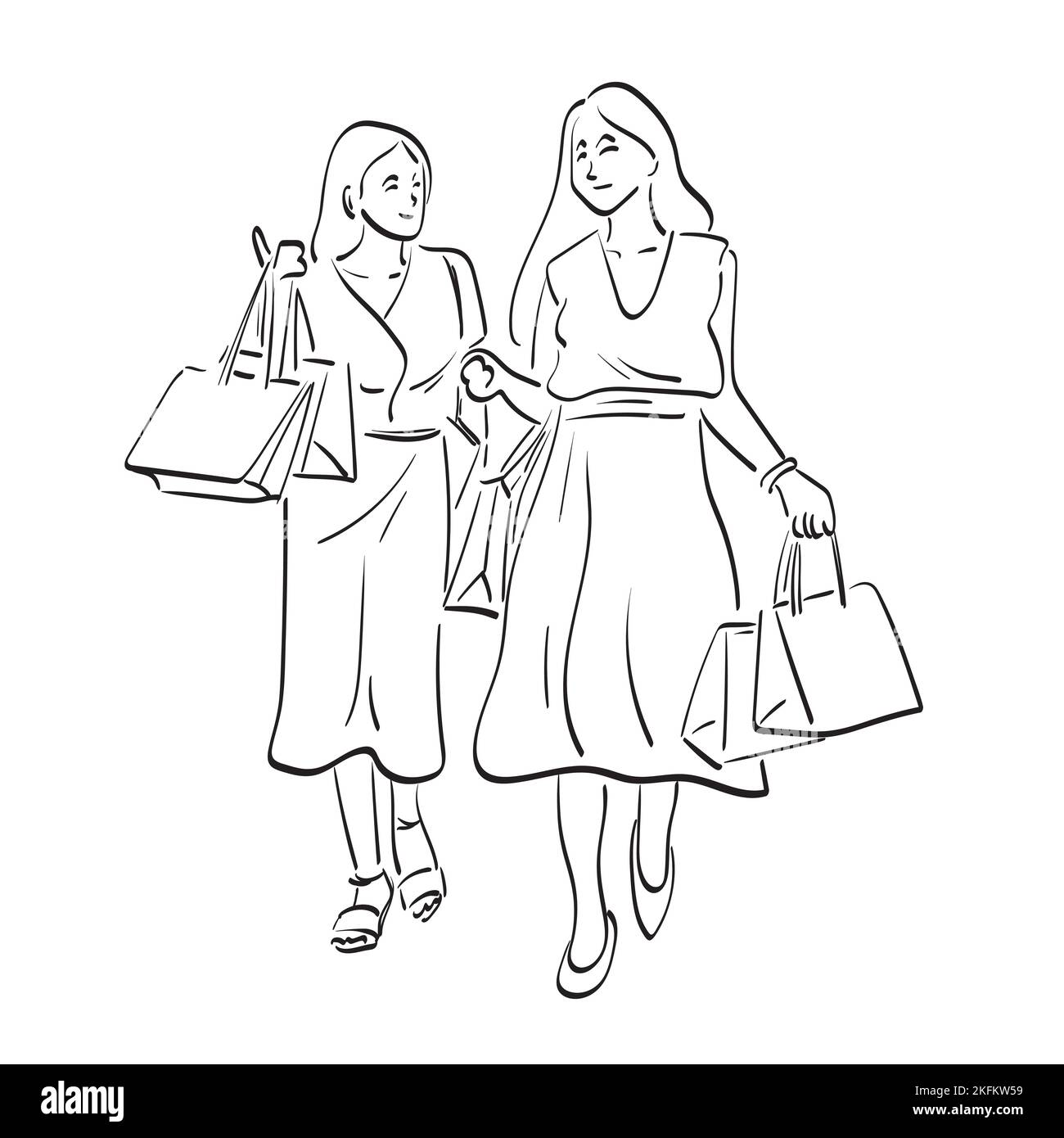 line art full length of two women with shopping bags illustration ...