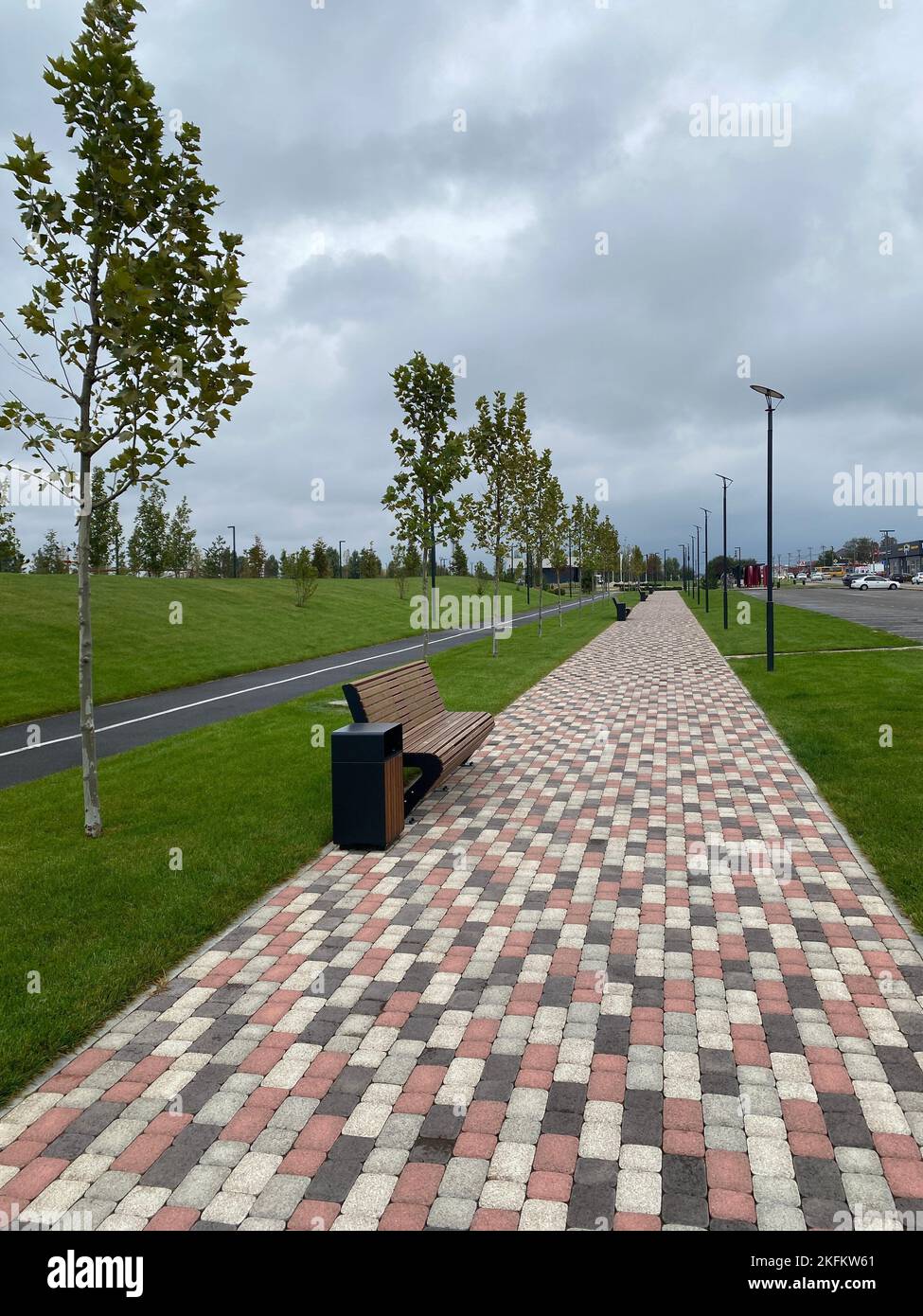walking path in the park is paved with multi-colored paving stones ...