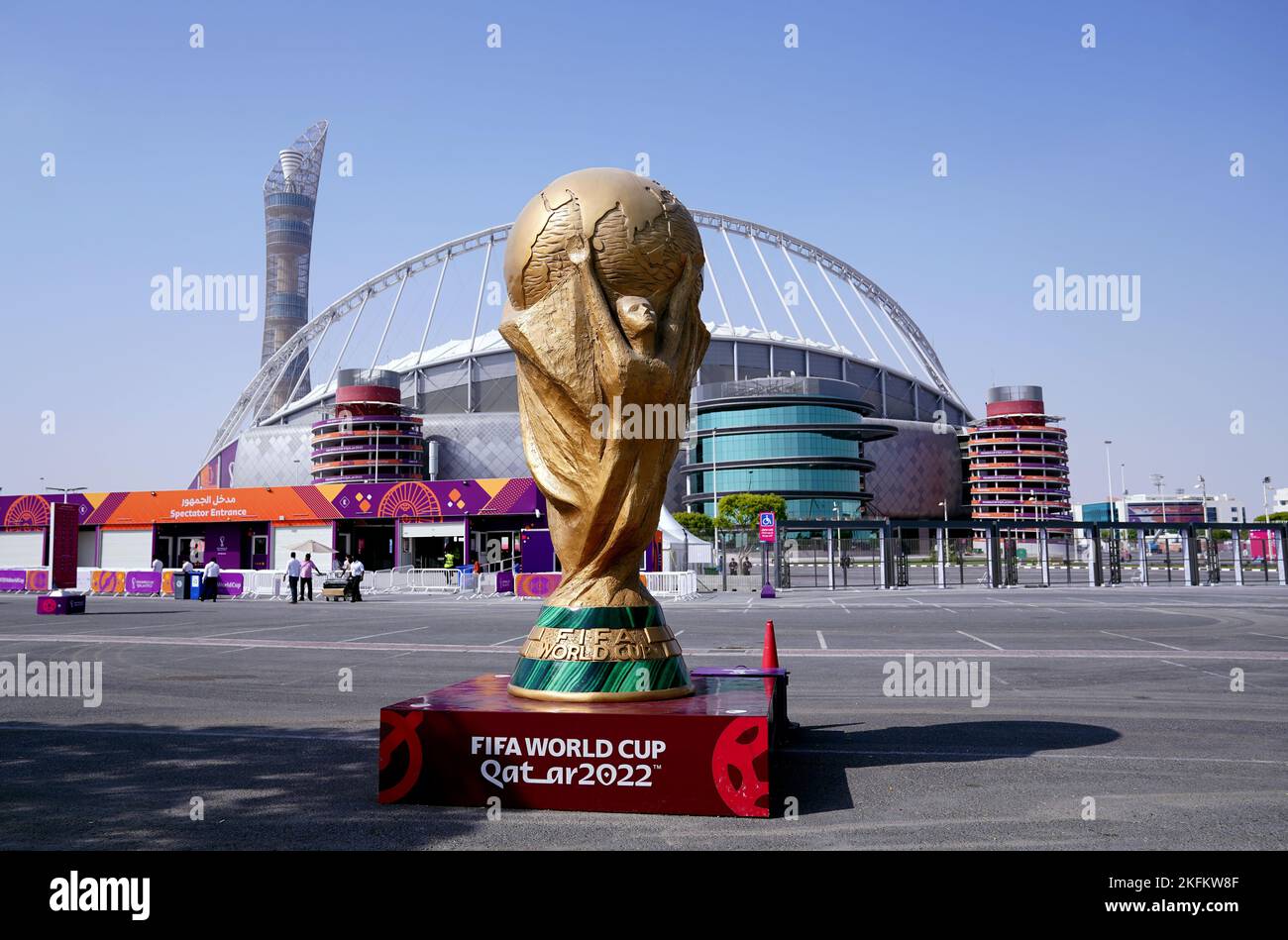 A giant world cup replica outside of the Khalifa International Stadium ...