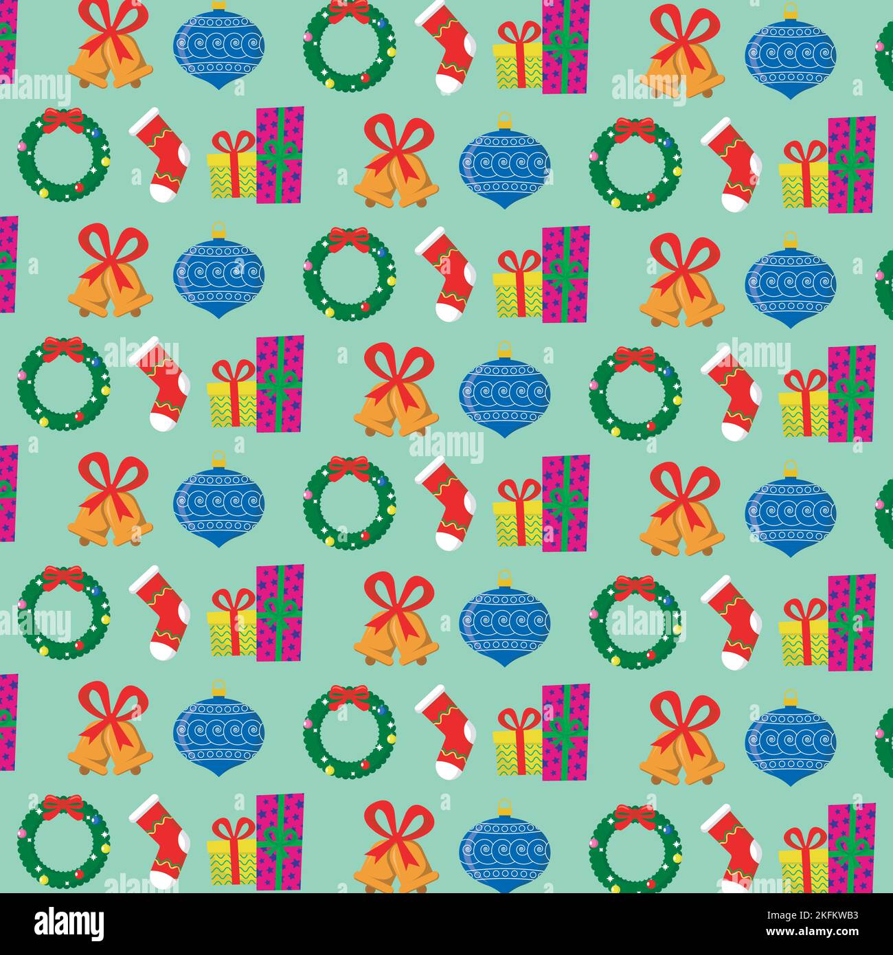 merry christmas pattern with christmas wreath, glass ball, sock, bells ...