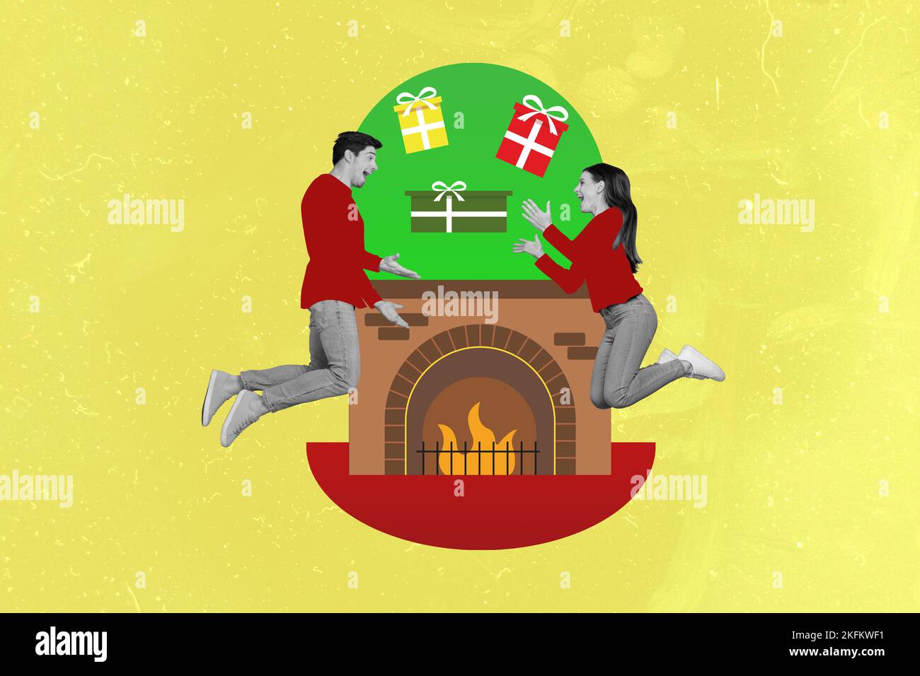 Artwork magazine picture of funky excited lady guy changing x-mas gifts ...