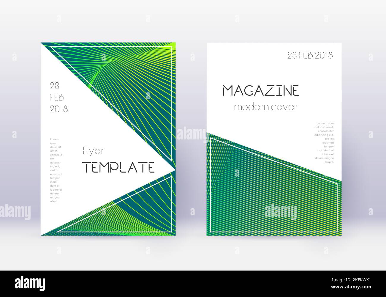 Triangle cover design template set. Green abstract lines on dark ...