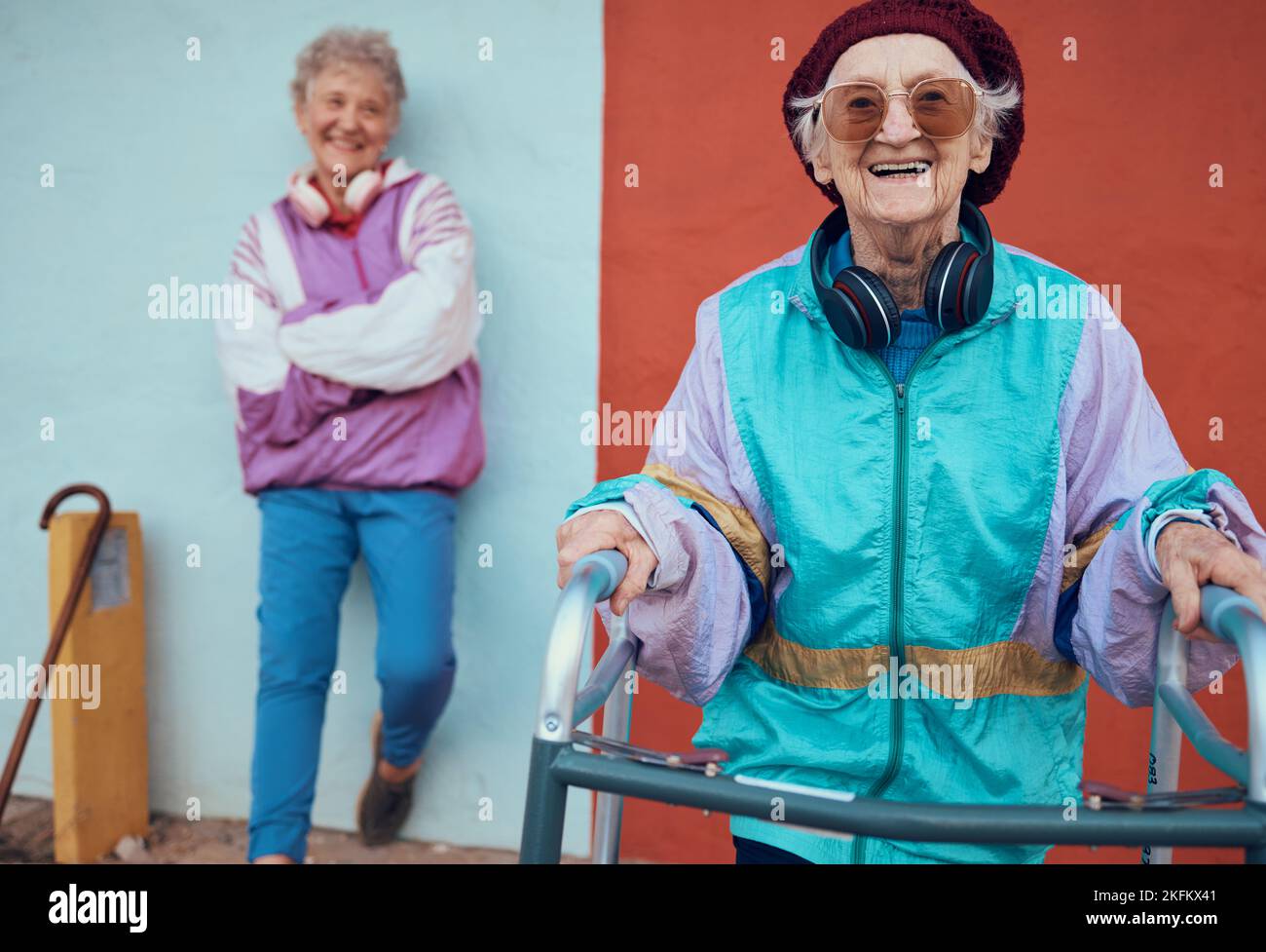 Fashion, portrait and senior women with retro hip hop style, vintage ...