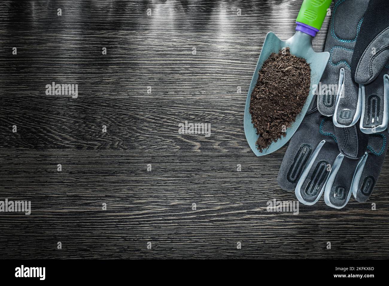 Agriculture hand spade fertile soil safety gloves Stock Photo - Alamy