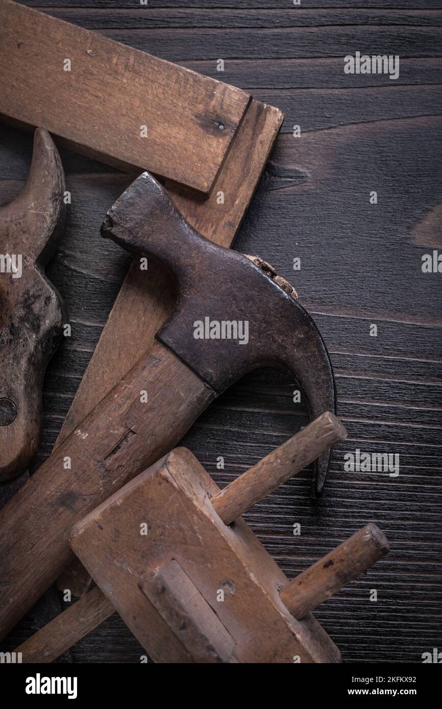 Antique hand saw wooden marking gage claw hammer square ruler Stock ...