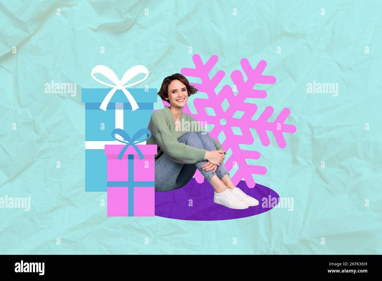 Creative abstract template graphics image of smiling charming girl ...