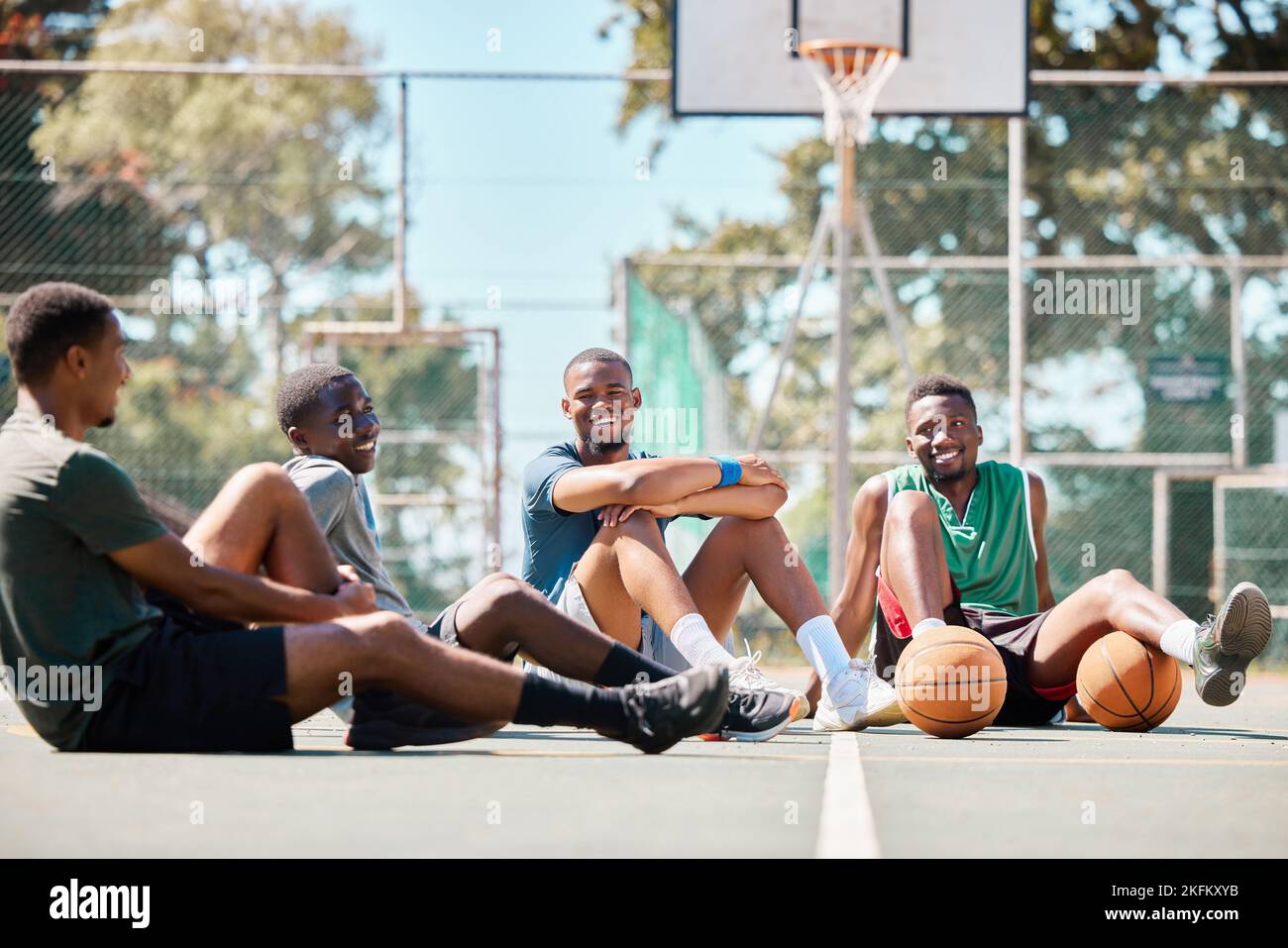 Basketball, sport and team break for social discussion, conversation or ...