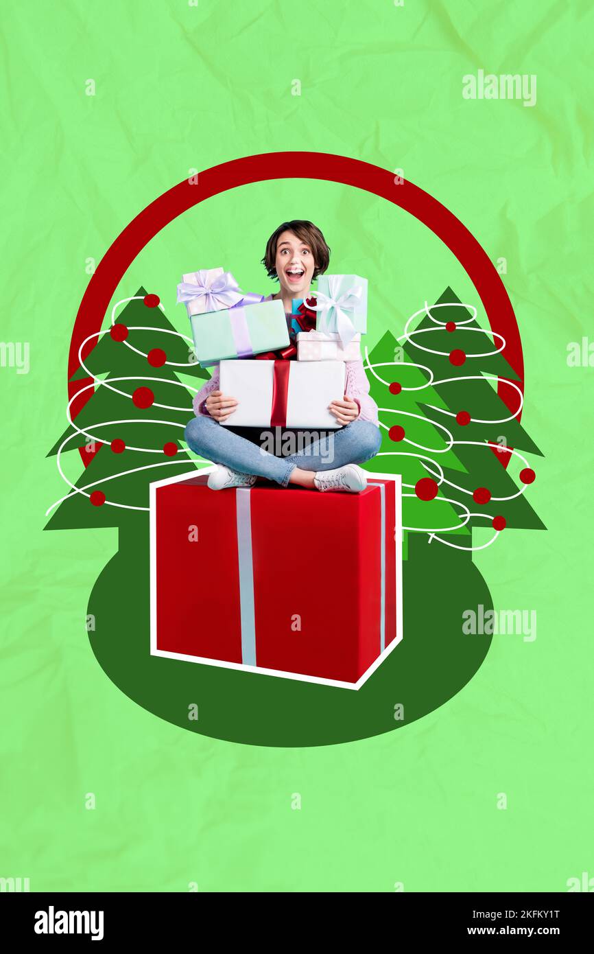 Vertical creative collage photo of positive impressed excited happy ...