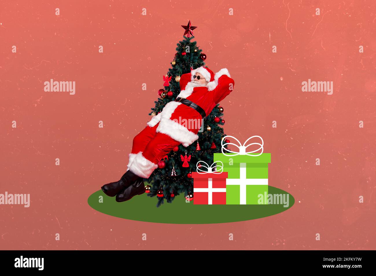 Creative collage photo illustration of relaxed dreamy satisfied santa ...