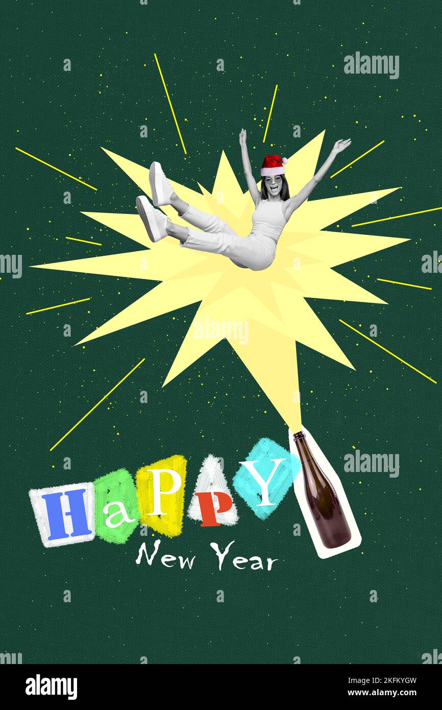 Photo artwork minimal picture of funky funny lady open x-mas champagne ...