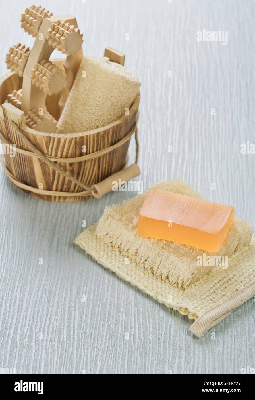 bucket and soap on bast Stock Photo - Alamy