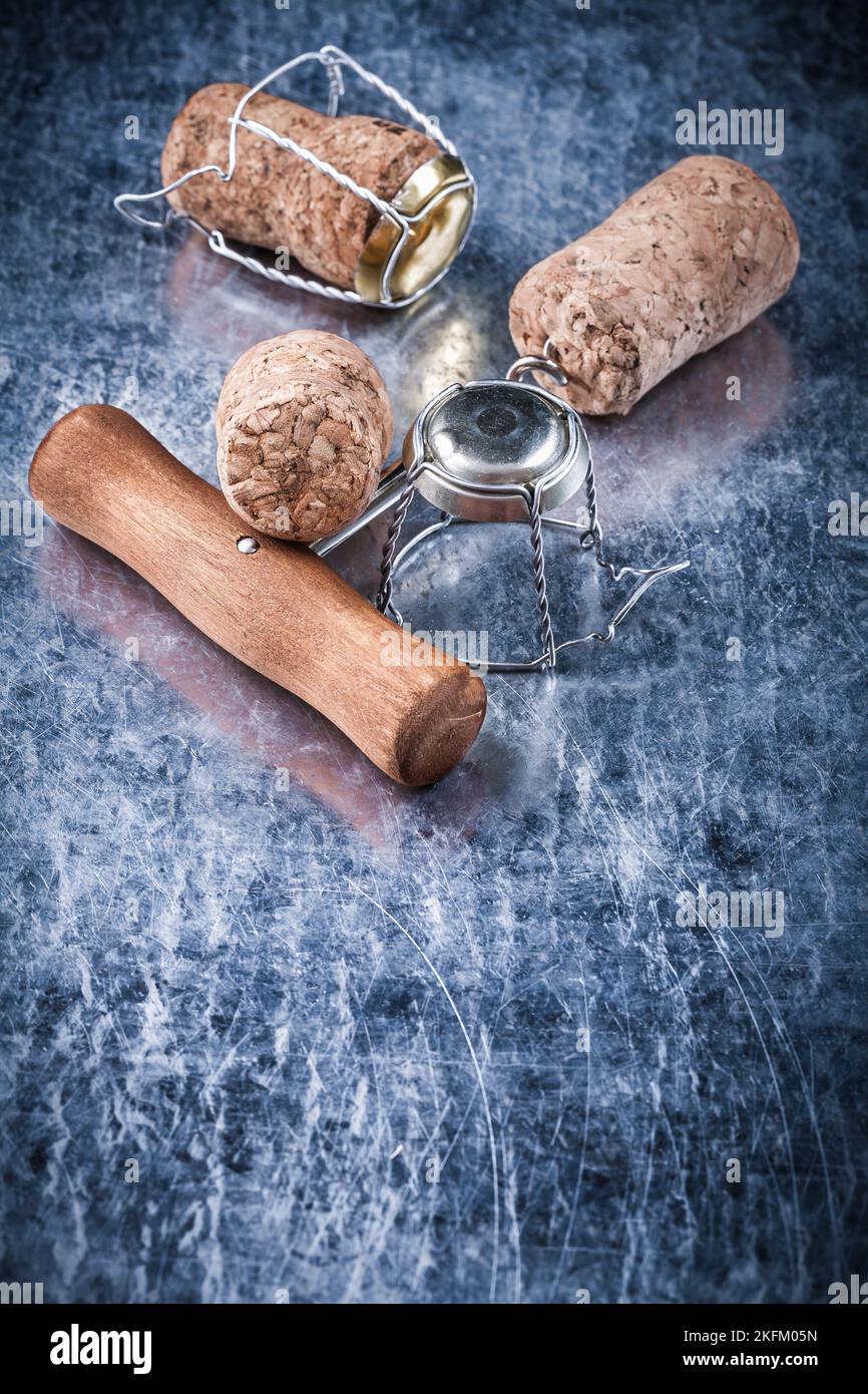 Champagne cork stoppers metal twisted wire corkscrew food drink concept ...