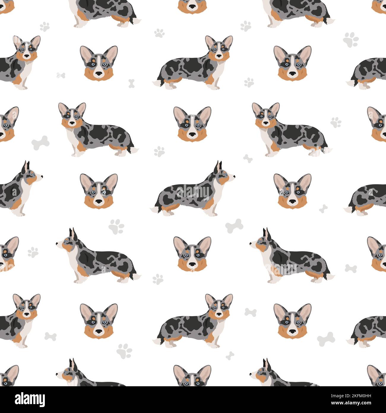 Welsh corgi cardigan seamless pattern. Different poses, coat colors set ...