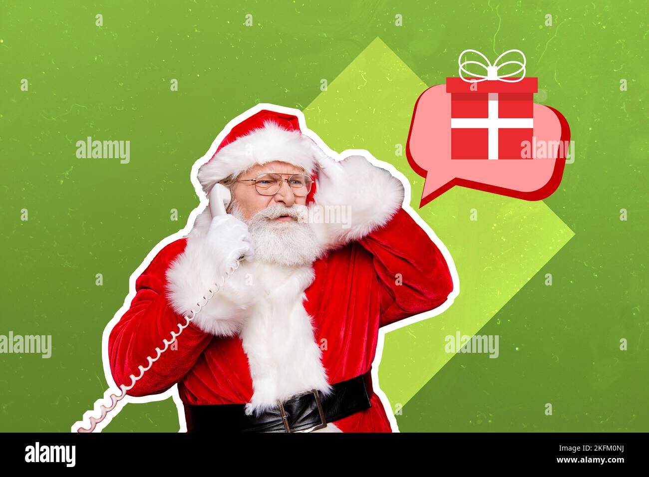 Creative collage photo illustration of funny serious santa hold ...