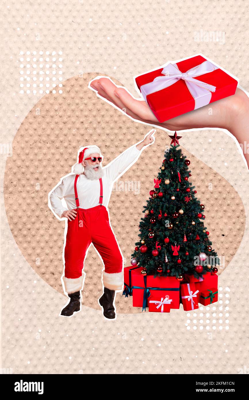 Artwork magazine collage picture of funky santa dancing arms holding x ...