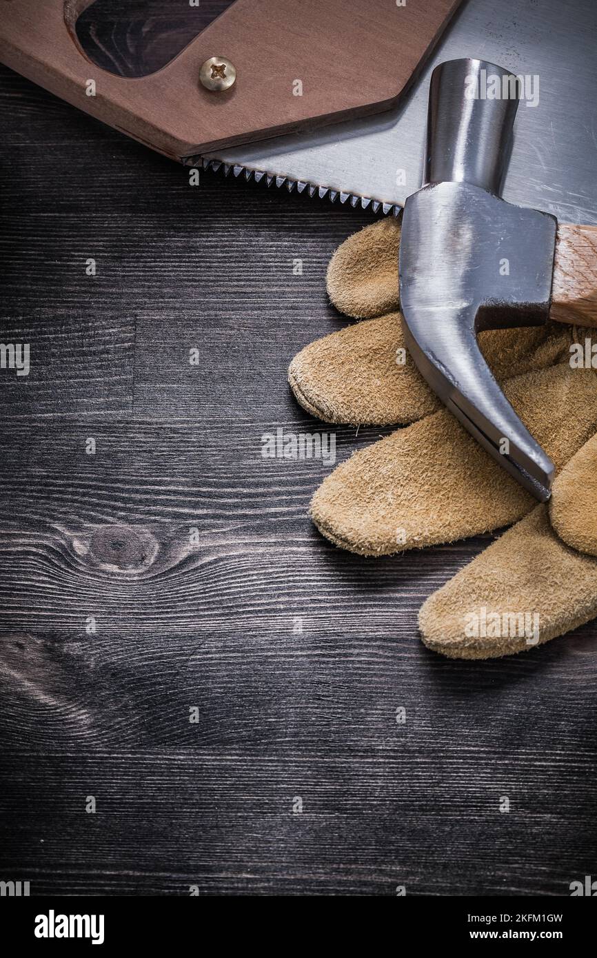 Collection of hack-saw claw hammer working leather gloves Stock Photo ...