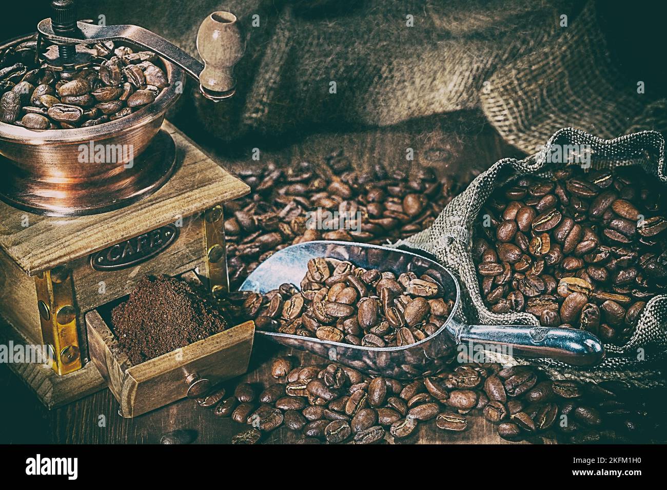 Vintage coffee mill sack hi-res stock photography and images - Alamy