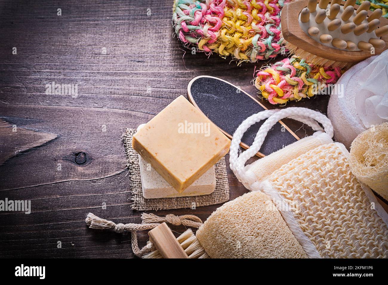Composition of bath accessories on wooden board top view Stock Photo ...