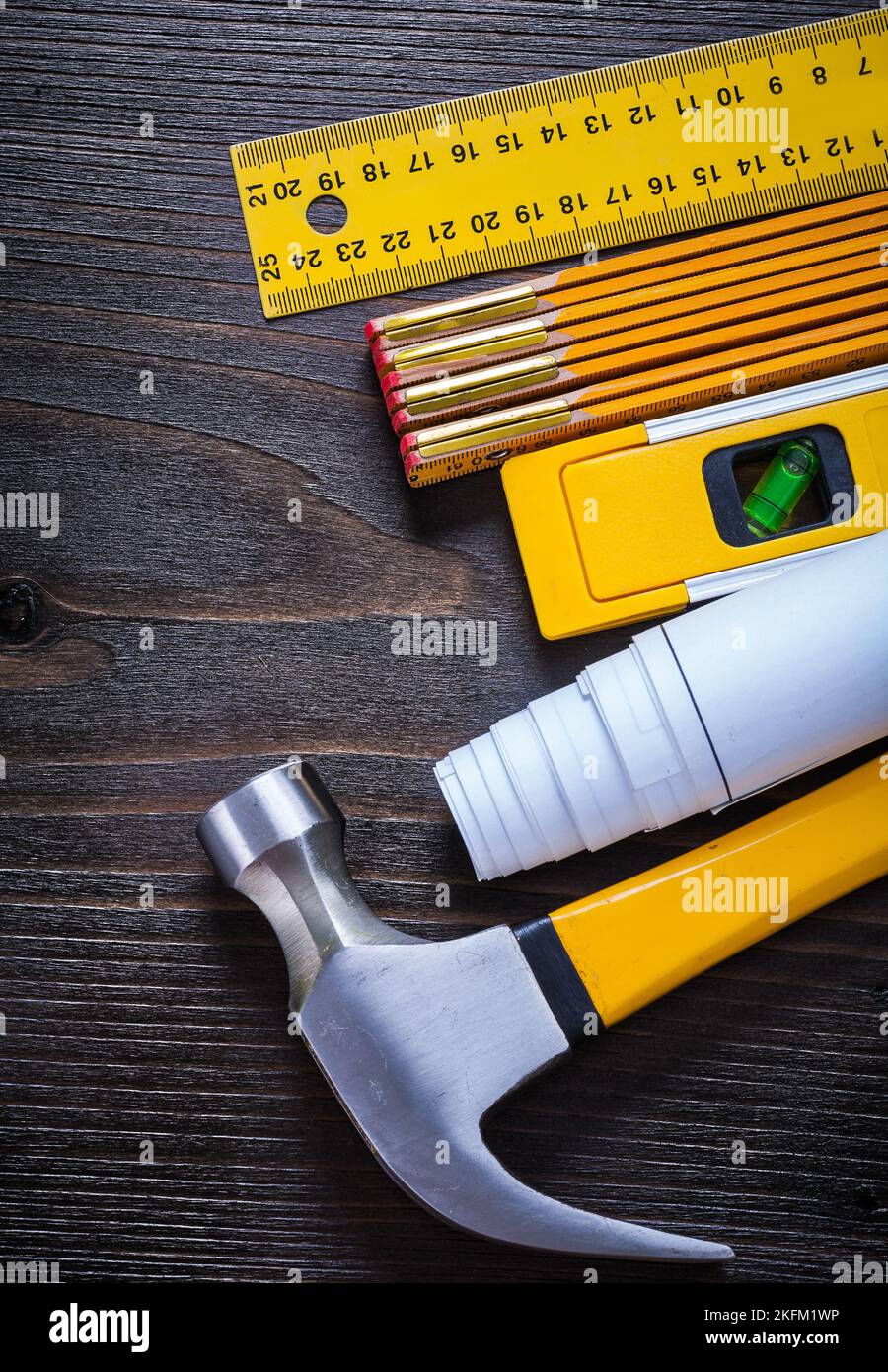 Composition of building objects for maintenance works on vintage wooden ...