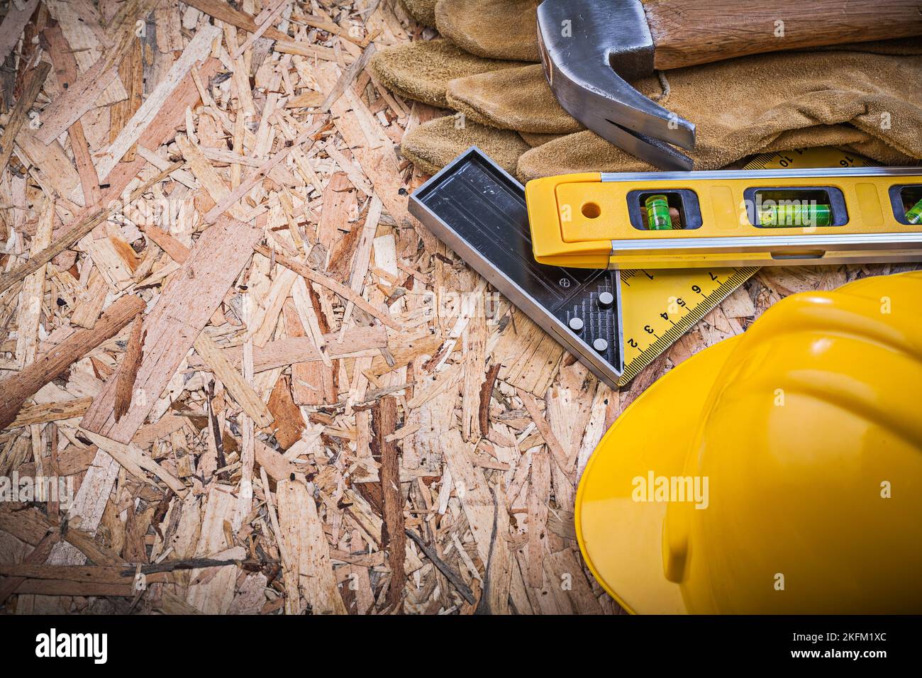 Composition of construction tools on OSB maintenance concept Stock ...