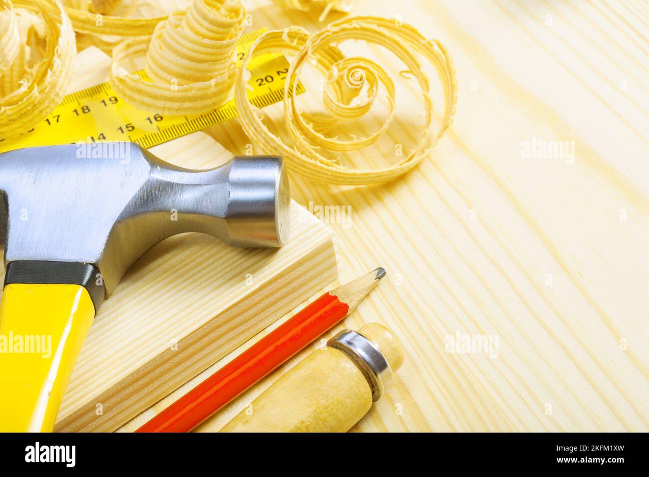 composition of carpentry tools on pine boards Stock Photo - Alamy