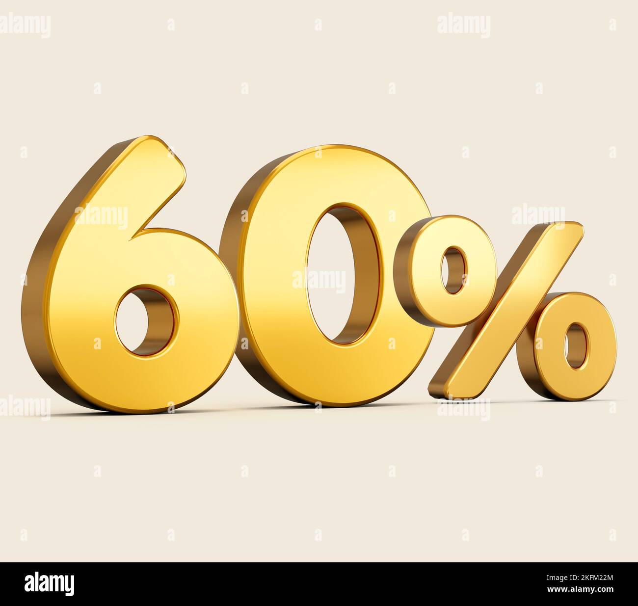 A 3D illustration of golden number sixty percent isolated on beige ...