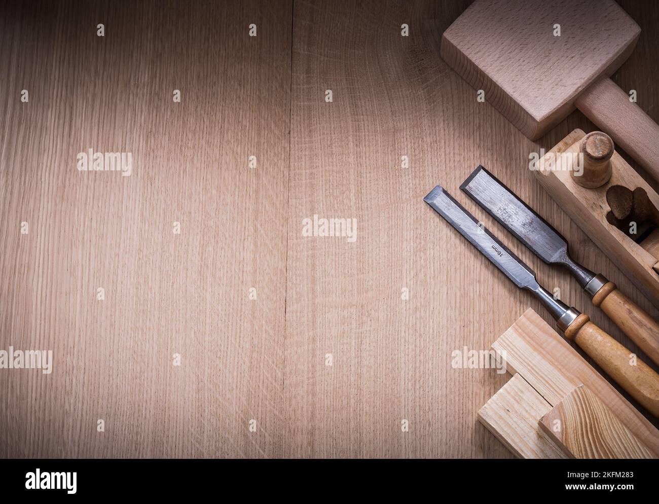 Composition of wooden carpenter’s tools on wood board copyspace image ...