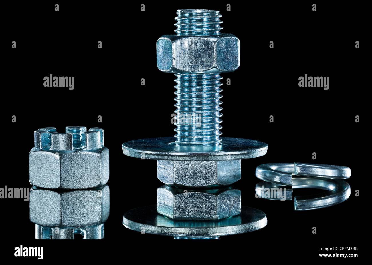Construction crown nut screwbolt bolt washer on black background Stock ...