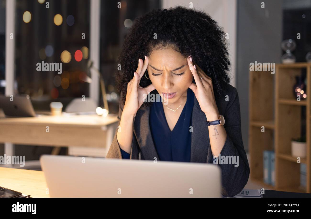 Work stress, headache and black woman working on a office computer at ...