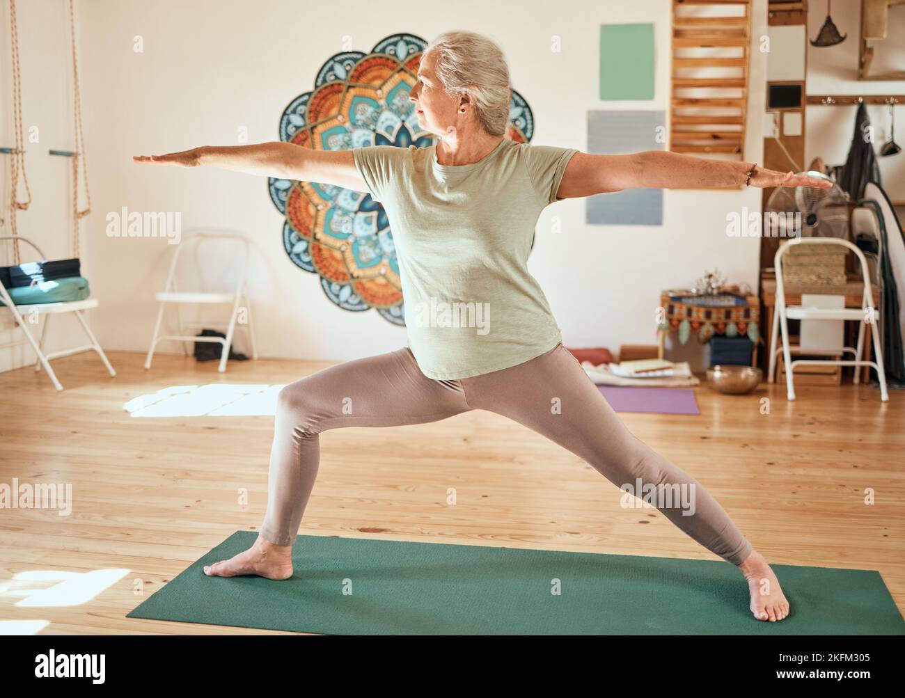 Senior yoga, training and woman pilates stretching of a elderly person ...