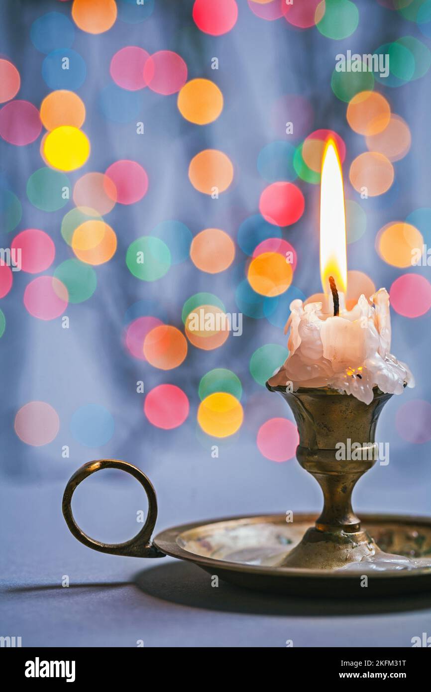 copyspace image vintage candlestick with burning candle on background ...