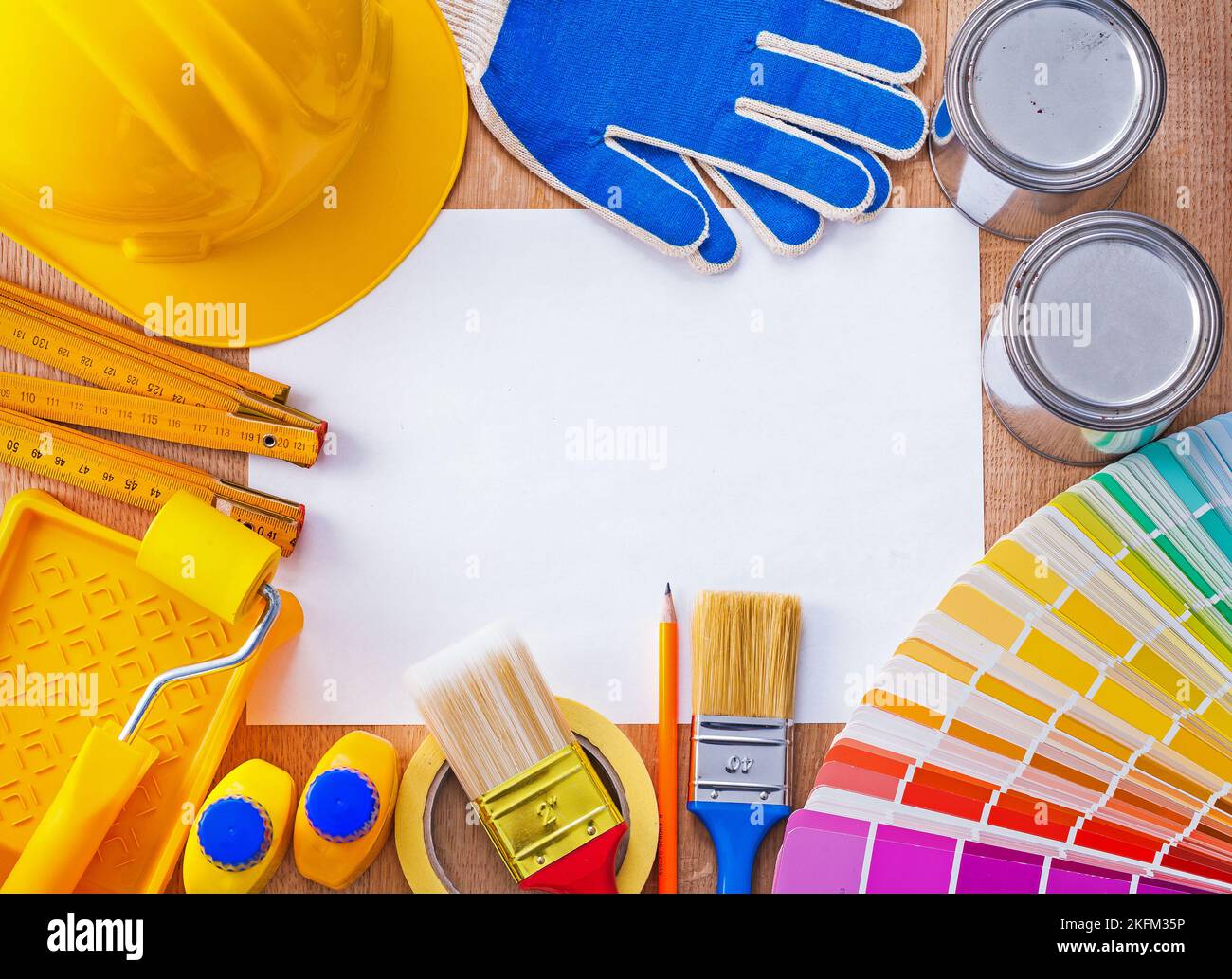 Croup of repair and paint objects on clean sheet of paper construction ...