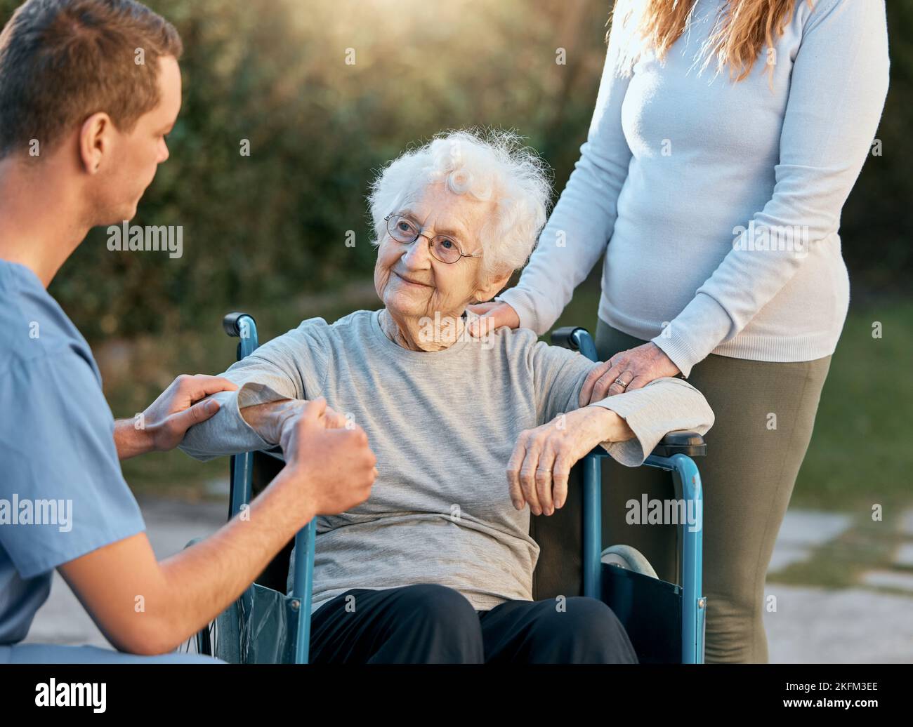 Support, caregiver and senior woman in wheelchair with help, medical ...