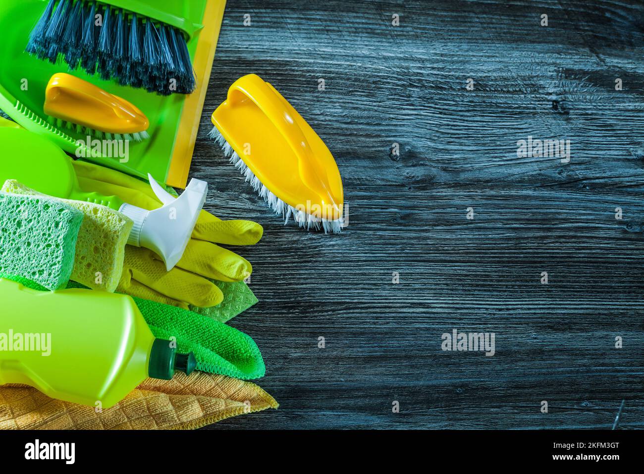 Dustpan brush washing objects on vintage wooden board Stock Photo - Alamy