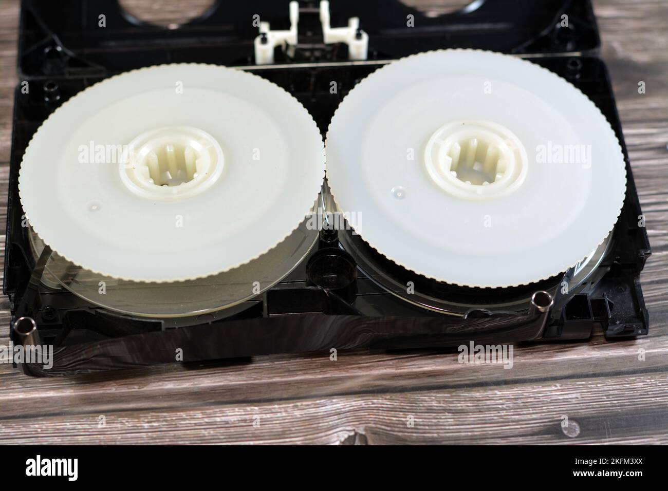 VHS video cassette tape from inside with the front casing removed ...