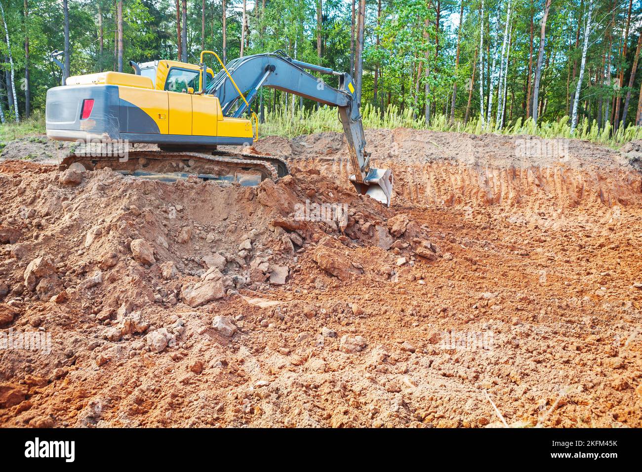 excavator in work on constructon site in forest Stock Photo - Alamy