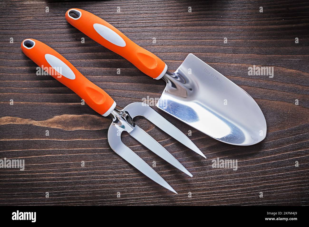 Gardening hand tools on vintage wood board agricultural concept Stock ...