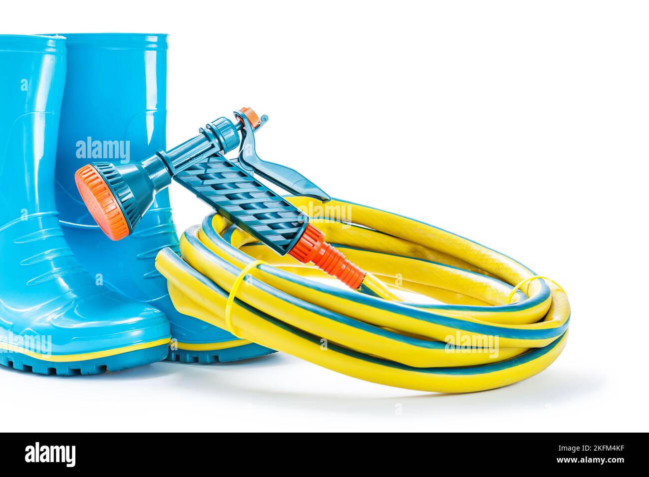 garden tools rubber boots hose nad sprayer gun isolated Stock Photo - Alamy