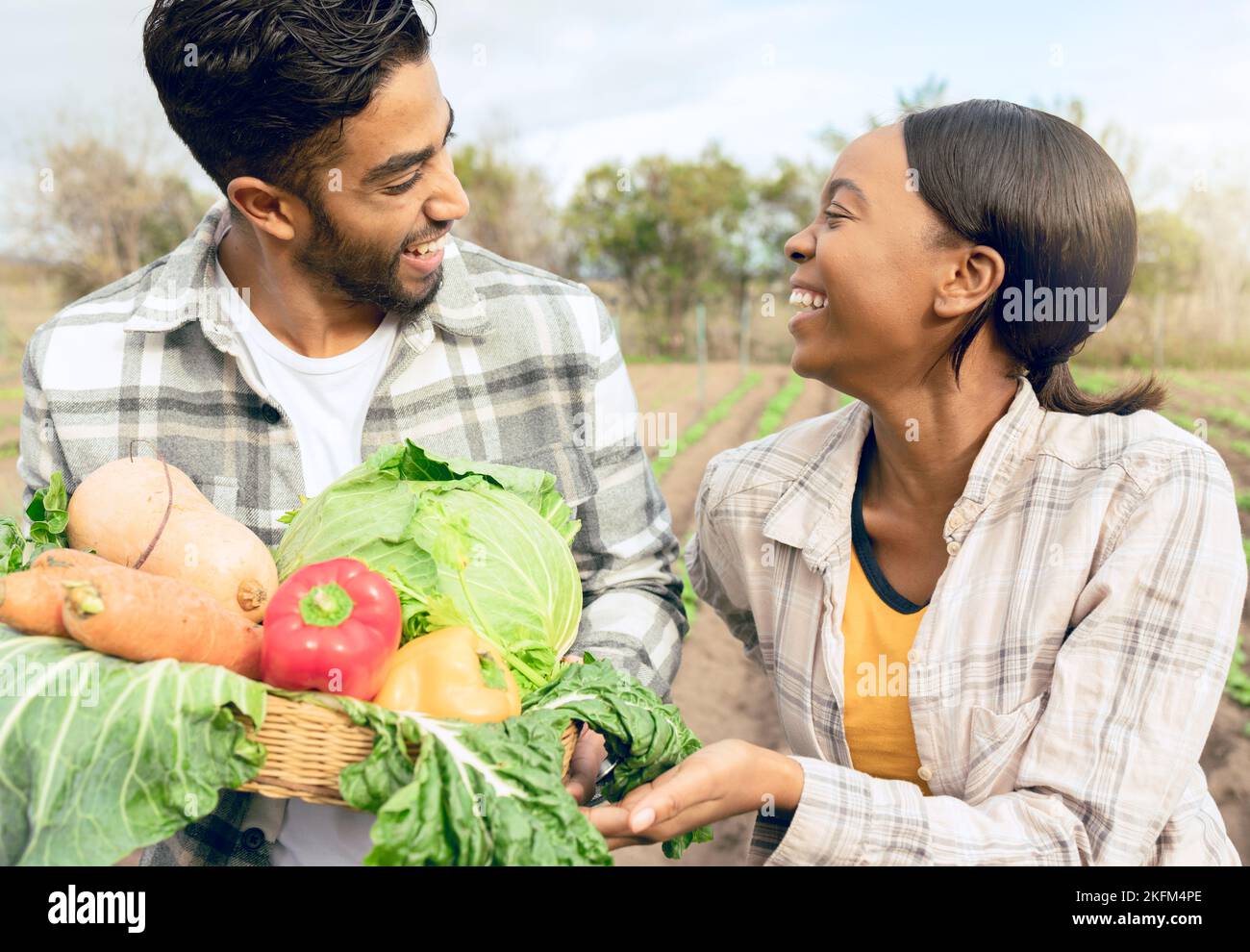 Farming, agriculture and farmers with vegetables in field happy from ...